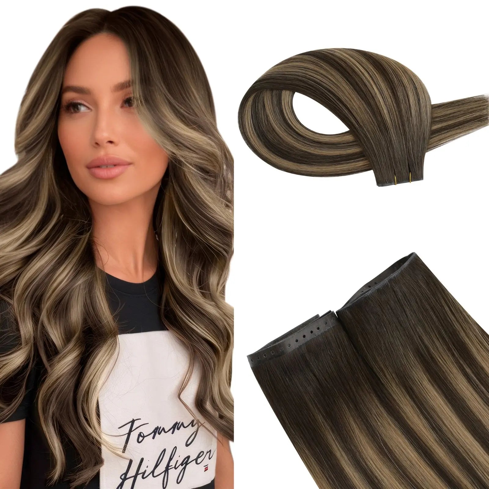 PU Hole Flat Weft Extensions Virgin Human Hair Sunkissed Brown #BM