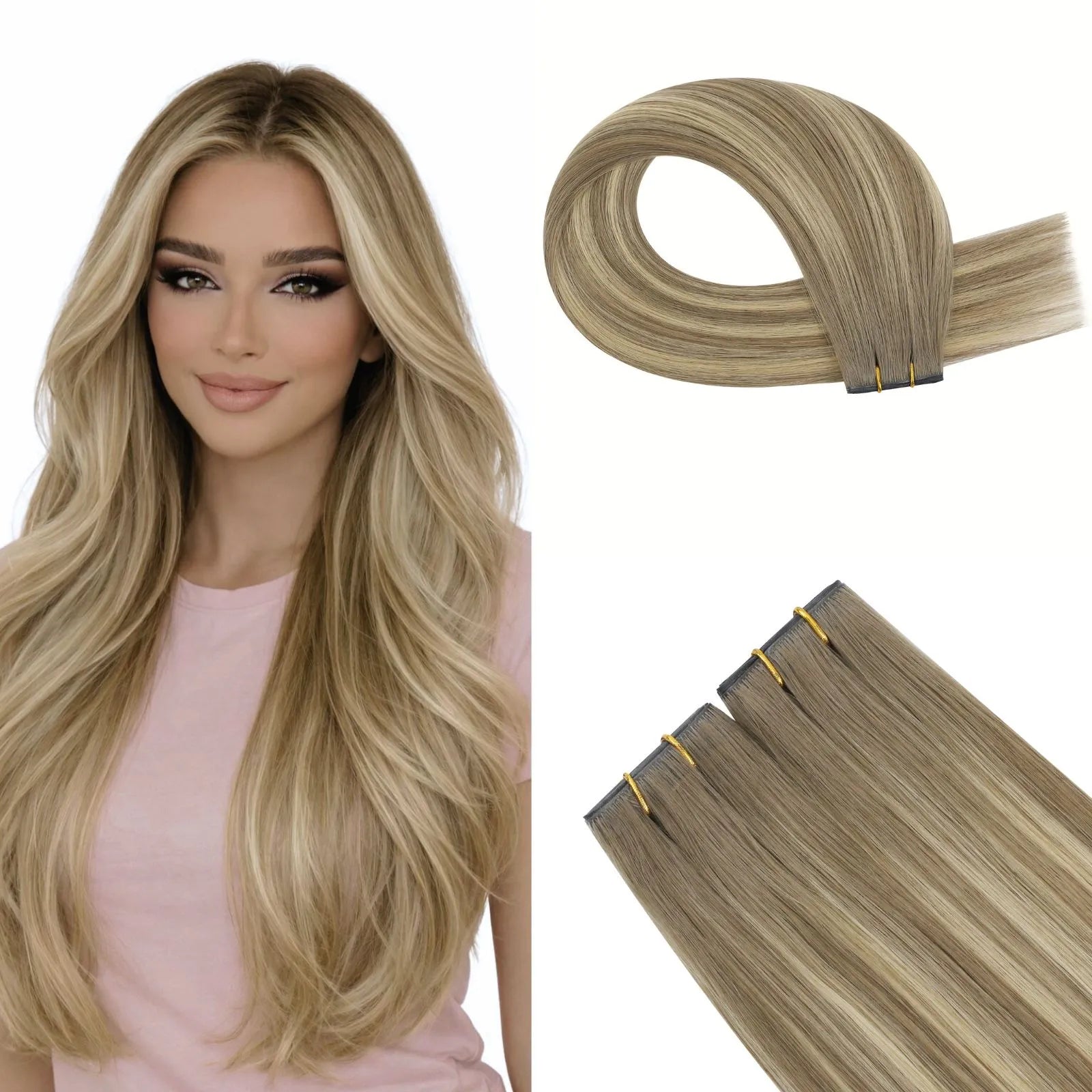 YoungSee PU Hole Flat Weft Extensions Virgin Human Hair Cool Ash Blonde ...
