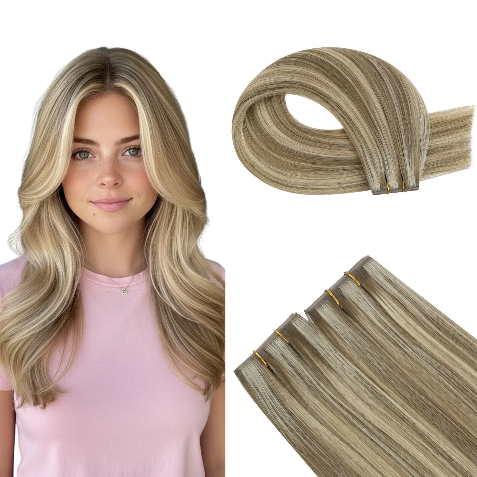 YoungSee PU Hole Flat Weft Extensions Virgin Human Hair Beige Blonde #P8/60
